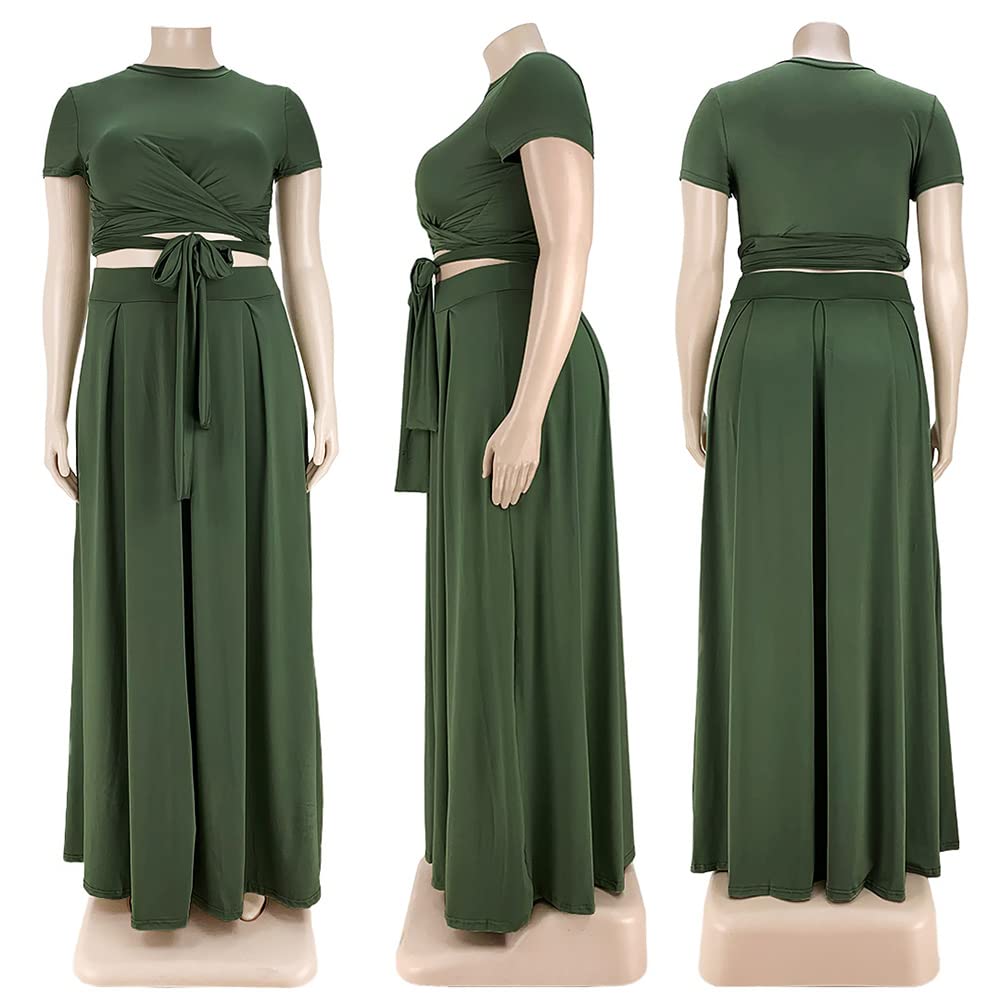 Summer Women's Plus Size 2 Piece Dress Sets Printed High Waisted Maxi Dress Sets Clubwear Tracksuit-Green