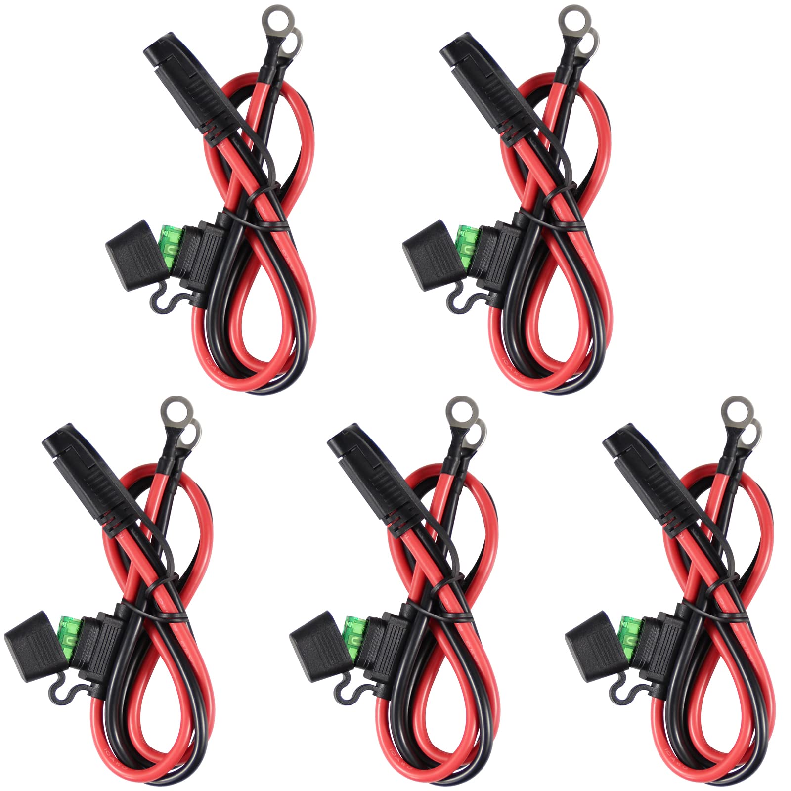 [5 Pack] 2FT SAE to O Ring Terminal Harness 10AWG - Eyelet O-Ring Terminal 10Gauge Harness with 30A Fuse,Battery Trickle Charger Cable for Motorcycle,SAE Quick Connect/Disconnect Charging Cord