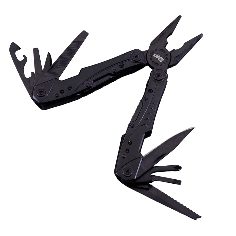 JNEPro Multi Tool | Folding Pocket Knife | 12 in 1 Multi Function Tool w/Nylon Pouch | Stainless Steel | Pliers, Screwdriver & 10 Screw Bits, Bottle/Can Opener, Metal File, Wood Saw | Black