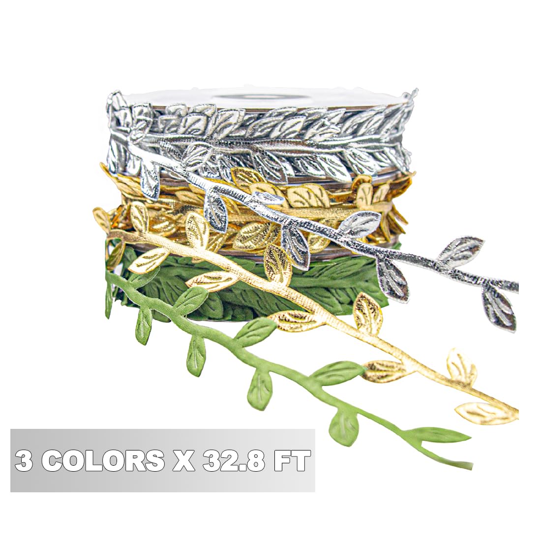 Elane 3 Rolls 10 Yards Decorative Ribbon,Gold Ribbon for Gift Wrapping Ribbon Green Ribbon for Gift Wrapping,Green Leaf Ribbon