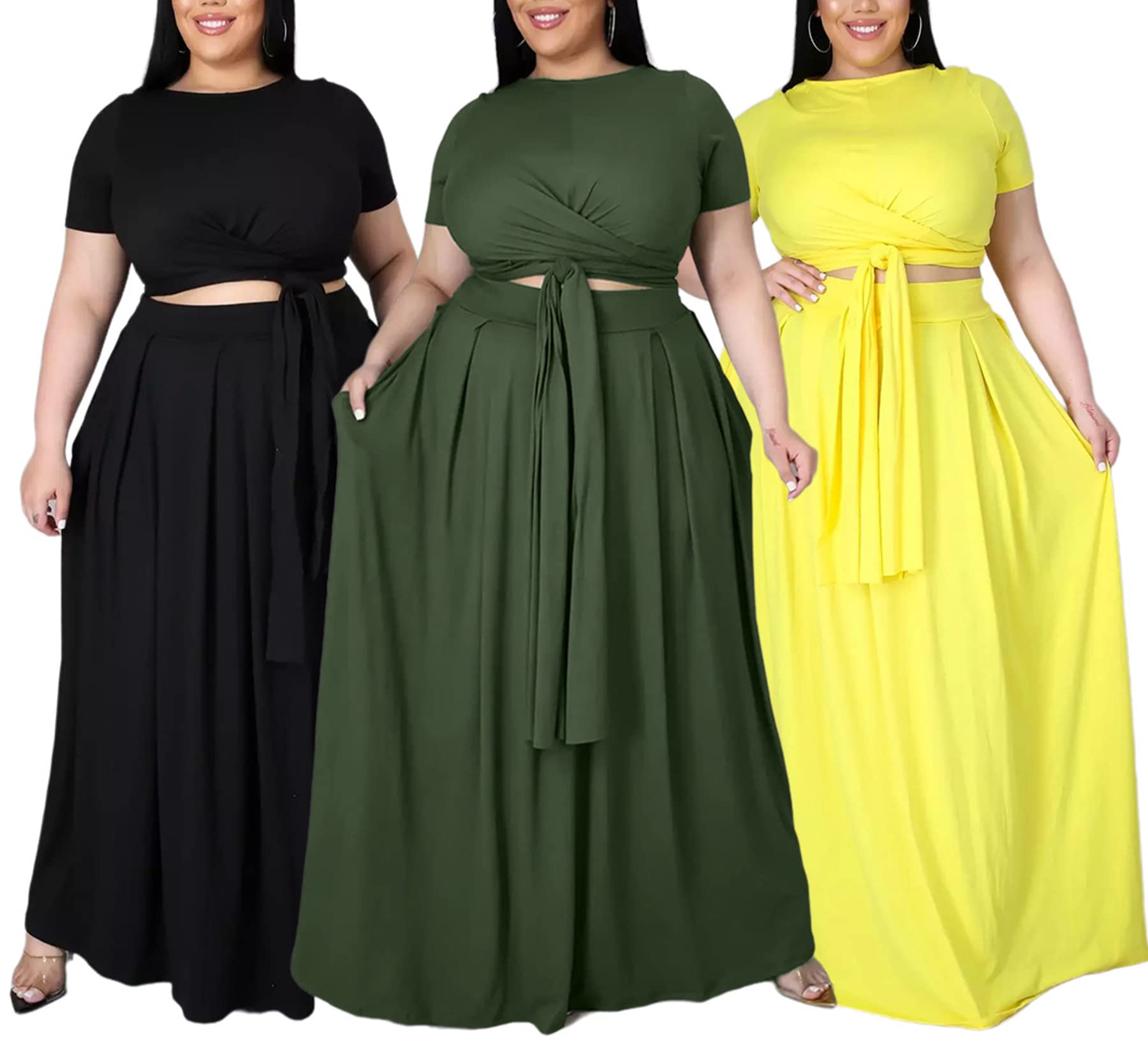 Summer Women's Plus Size 2 Piece Dress Sets Printed High Waisted Maxi Dress Sets Clubwear Tracksuit-Green