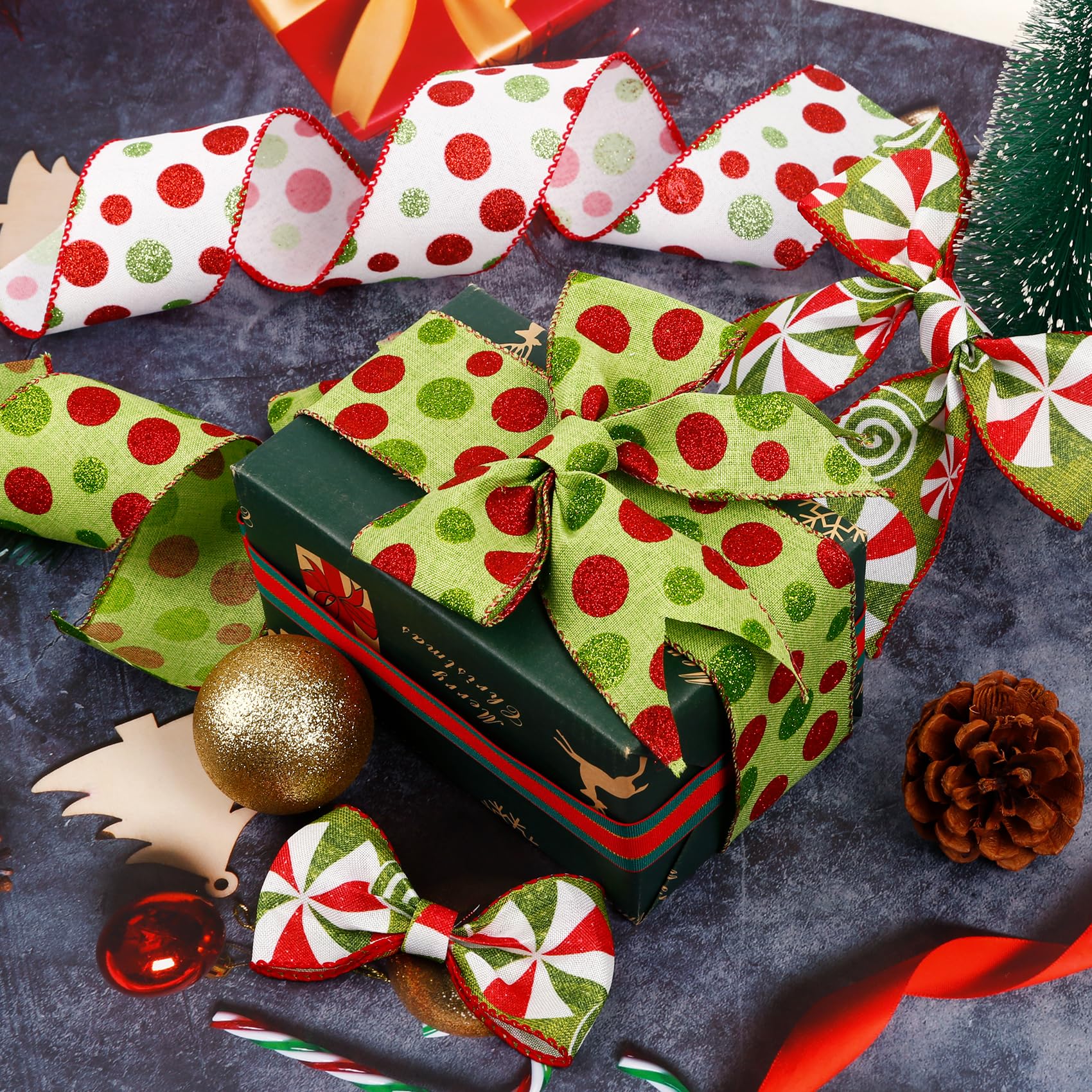 Christmas Ribbon Wired 24 Yard 2.5 Inch Wide Christmas Tree Ribbon Candy Dot Ribbon for Wrapping, Christmas Tree, Wreath, Garland, Home Decor