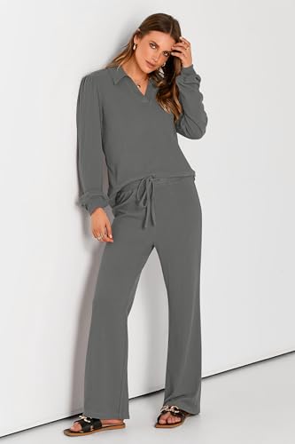 PRETTYGARDEN Women's Fall 2024 Two Piece Tracksuit Outfit Long Sleeve Lapel V Neck Tops Blouses Wide Leg Pants Matching Set (Grey,Large)