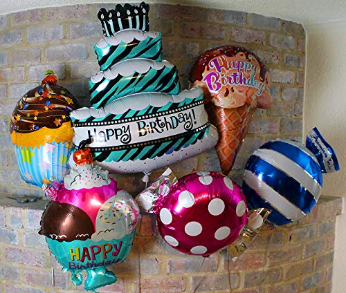 Happy Birthday Large Foil Balloon set - (6 pack) Cake, cupcake, ice cream cone, ice cream bowl, pink candy, blue candy by Par-T