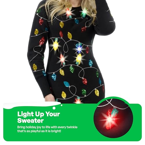 Giggling Getup Women's Black Long Christmas Dress with Colorful Light Up Bulbs, Cute Winter Themed Ugly Sweater, Light Bulb Xmas Dress