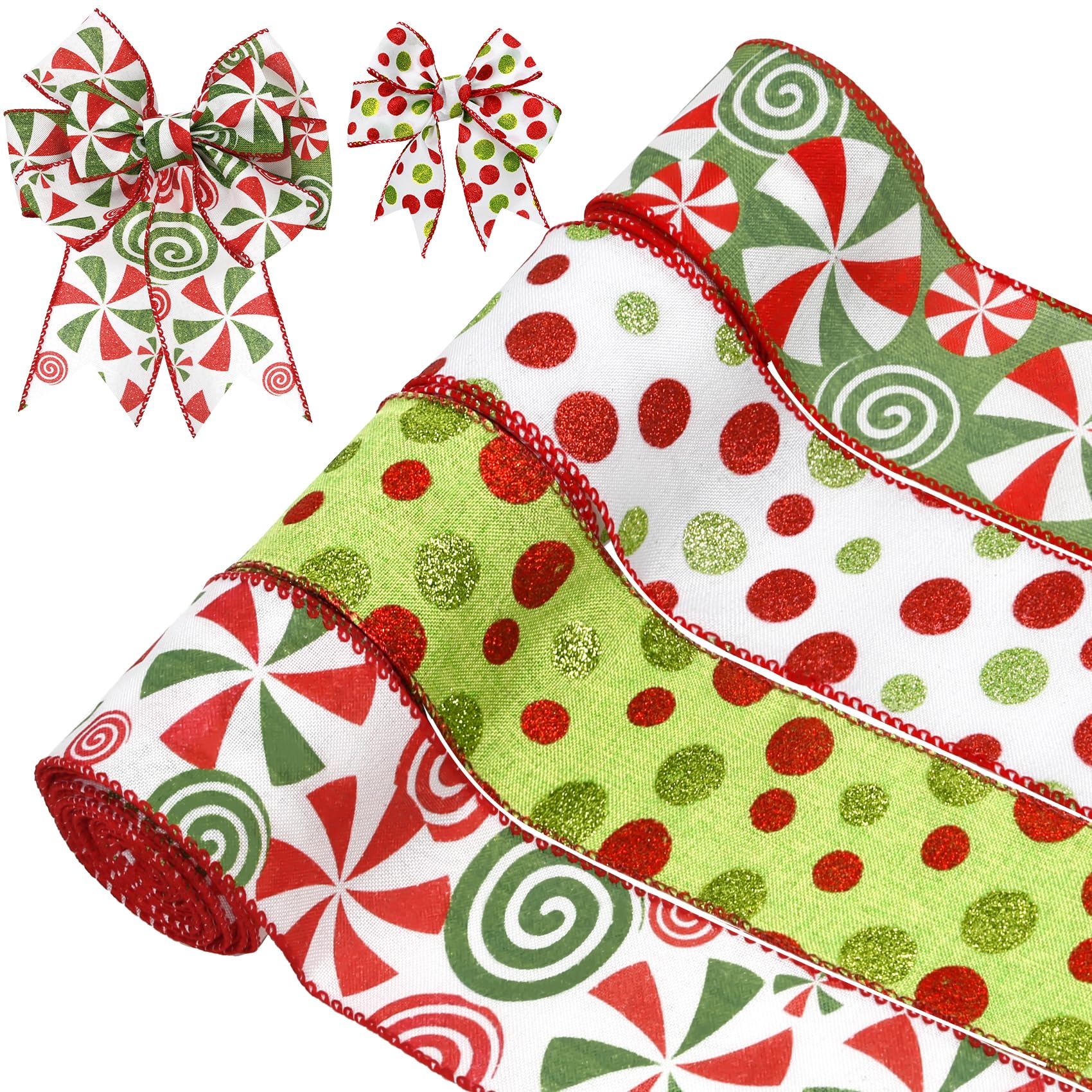 Christmas Ribbon Wired 24 Yard 2.5 Inch Wide Christmas Tree Ribbon Candy Dot Ribbon for Wrapping, Christmas Tree, Wreath, Garland, Home Decor