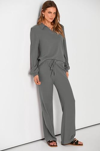 PRETTYGARDEN Women's Fall 2024 Two Piece Tracksuit Outfit Long Sleeve Lapel V Neck Tops Blouses Wide Leg Pants Matching Set (Grey,Large)