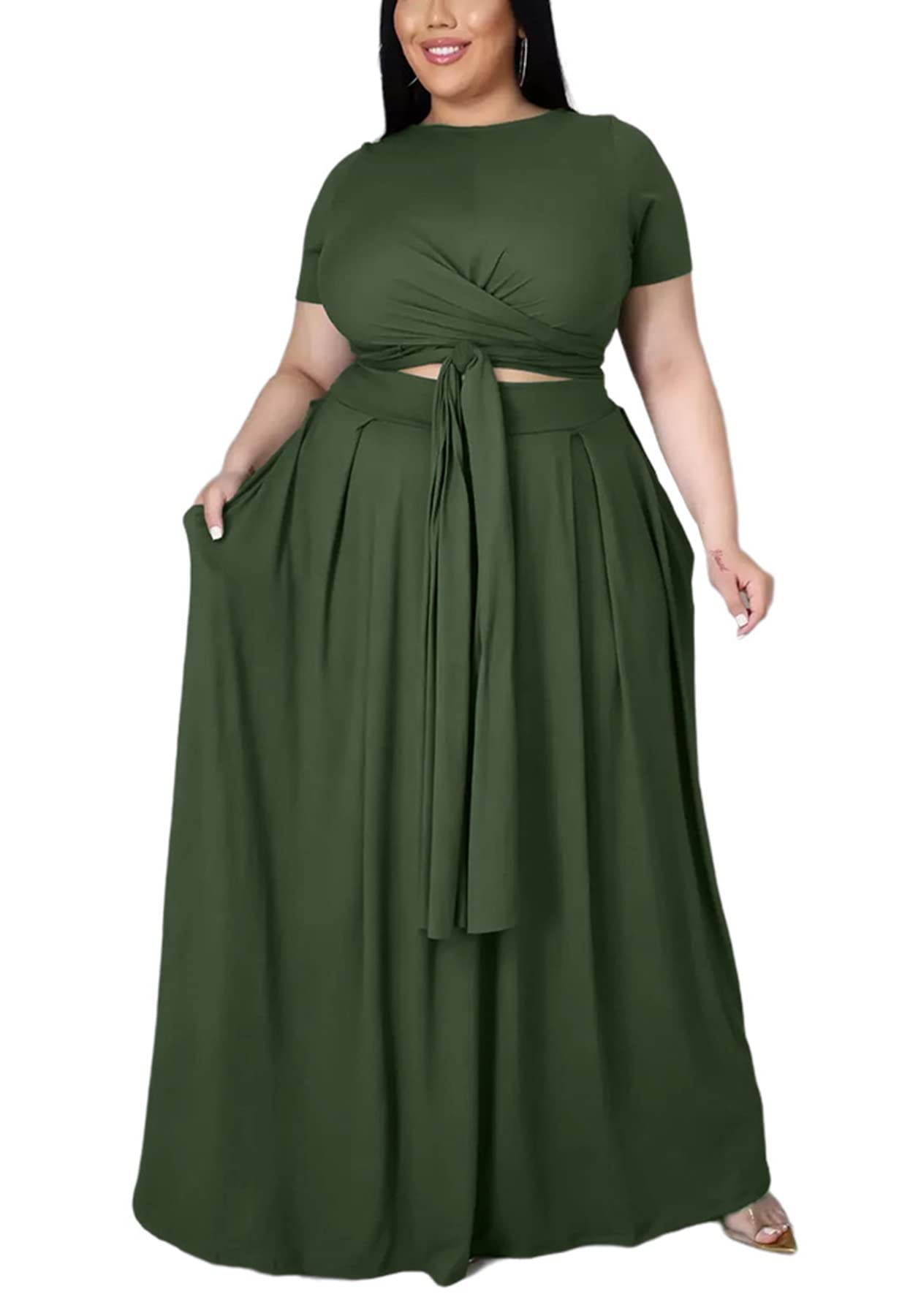 Summer Women's Plus Size 2 Piece Dress Sets Printed High Waisted Maxi Dress Sets Clubwear Tracksuit-Green