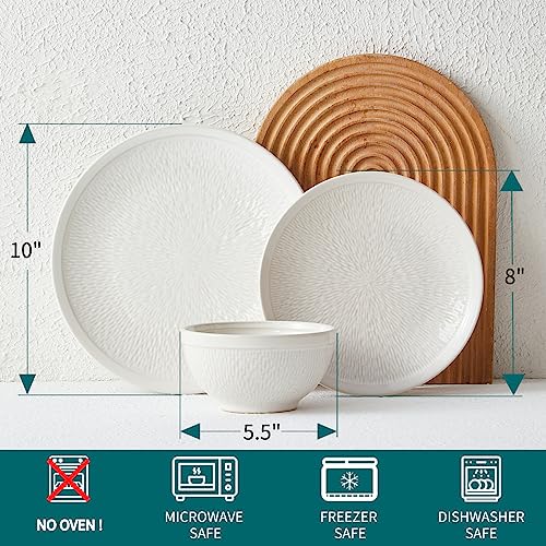 Pokini Ceramic Dinnerware Sets, Beige Relief Plates and Bowls Sets, 12 Pieces Stoneware Dinnerware Set Service for 4, Vintage Look Kitchen Dish Set, Handmade Highly Chip and Crack Resistant Dishes