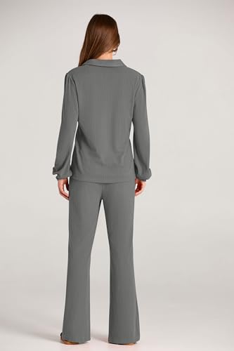 PRETTYGARDEN Women's Fall 2024 Two Piece Tracksuit Outfit Long Sleeve Lapel V Neck Tops Blouses Wide Leg Pants Matching Set (Grey,Large)