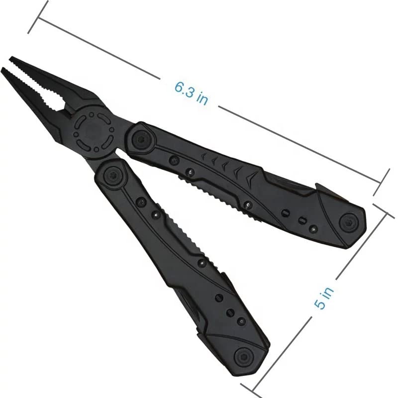 JNEPro Multi Tool | Folding Pocket Knife | 12 in 1 Multi Function Tool w/Nylon Pouch | Stainless Steel | Pliers, Screwdriver & 10 Screw Bits, Bottle/Can Opener, Metal File, Wood Saw | Black
