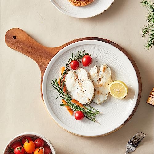 Pokini Ceramic Dinnerware Sets, Beige Relief Plates and Bowls Sets, 12 Pieces Stoneware Dinnerware Set Service for 4, Vintage Look Kitchen Dish Set, Handmade Highly Chip and Crack Resistant Dishes