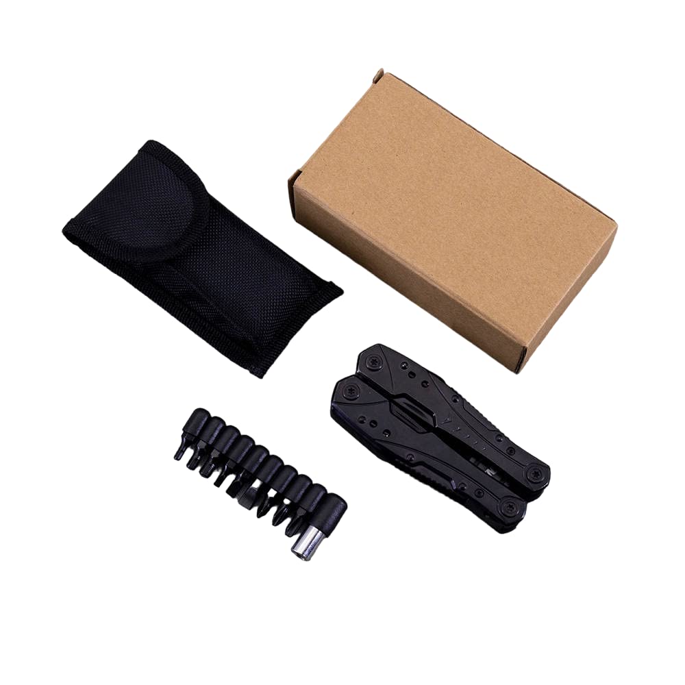 JNEPro Multi Tool | Folding Pocket Knife | 12 in 1 Multi Function Tool w/Nylon Pouch | Stainless Steel | Pliers, Screwdriver & 10 Screw Bits, Bottle/Can Opener, Metal File, Wood Saw | Black