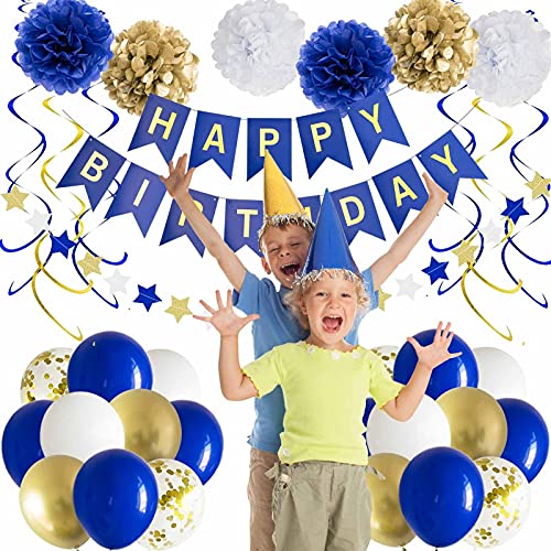ANSOMO Royal Blue and Gold Happy Birthday Party Decorations Banner Balloons Boys Men Him Women 1st 10th 13th 15th 16th 18th 20th 21st 25th 30th