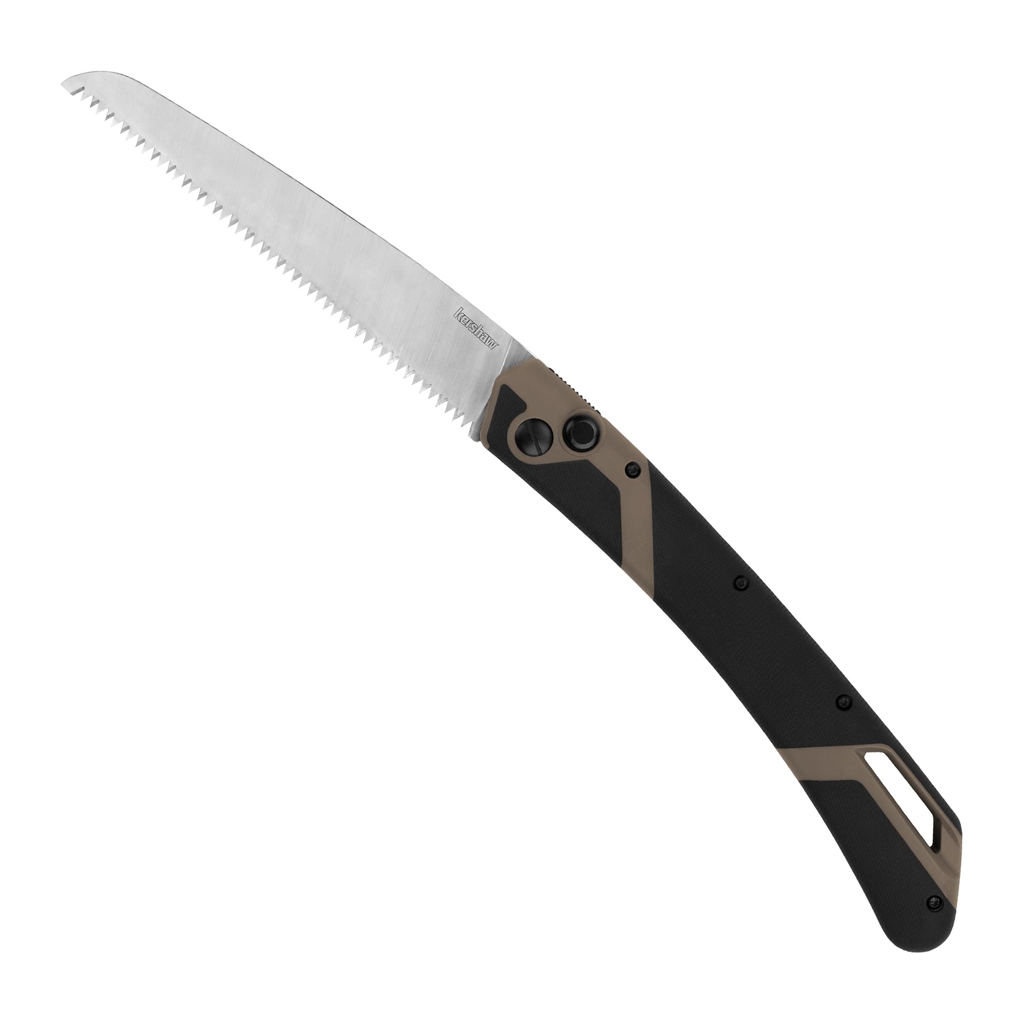 Kershaw Taskmaster Saw 2, 7" Serrated Blade, Outdoor Compact Folding Saw, Push-Button Opening Lock, Tan
