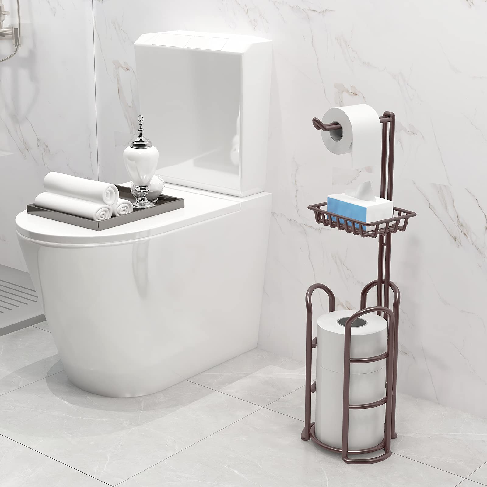 Toilet Paper Holder Stand with Reserve and Dispenser for 4 Mega Roll, Bathroom Freestanding Toilet Tissue Storage with Shelf for Wipes and Phone, Bronze