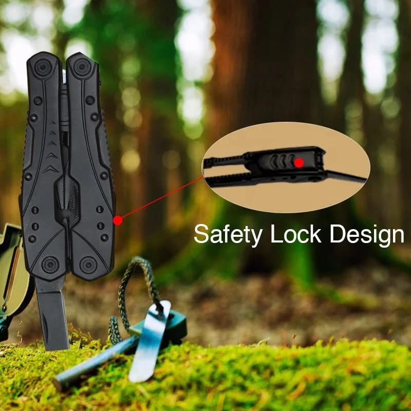 JNEPro Multi Tool | Folding Pocket Knife | 12 in 1 Multi Function Tool w/Nylon Pouch | Stainless Steel | Pliers, Screwdriver & 10 Screw Bits, Bottle/Can Opener, Metal File, Wood Saw | Black