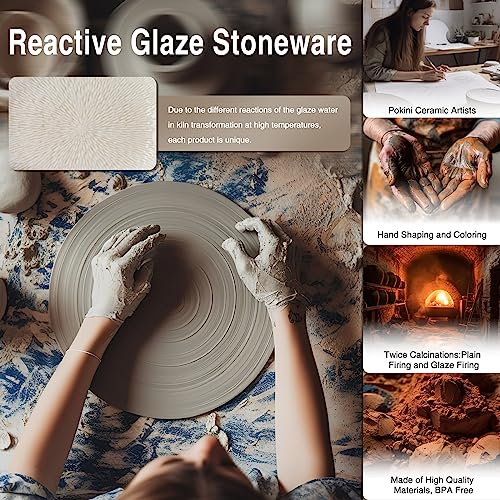 Pokini Ceramic Dinnerware Sets, Beige Relief Plates and Bowls Sets, 12 Pieces Stoneware Dinnerware Set Service for 4, Vintage Look Kitchen Dish Set, Handmade Highly Chip and Crack Resistant Dishes