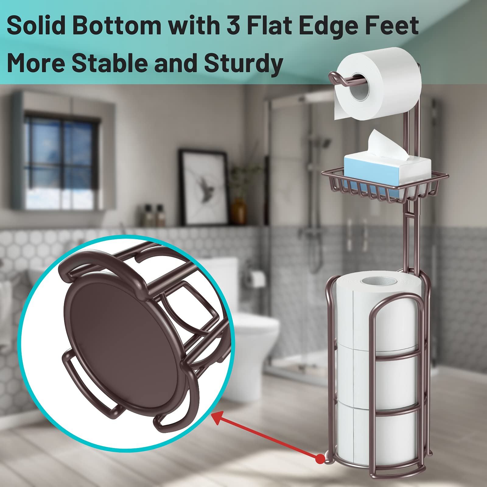 Toilet Paper Holder Stand with Reserve and Dispenser for 4 Mega Roll, Bathroom Freestanding Toilet Tissue Storage with Shelf for Wipes and Phone, Bronze