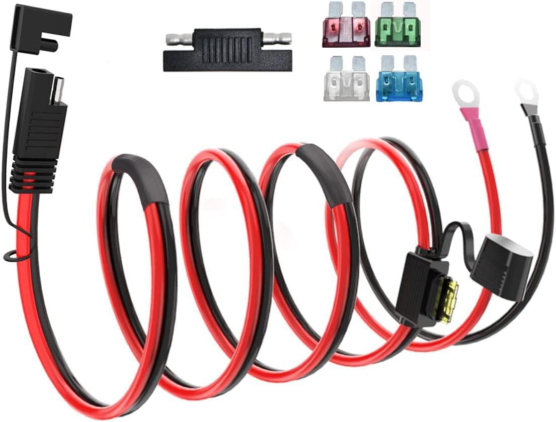 ELFCULB SAE Battery Connector, 10AWG SAE to O Ring Terminal Harness 2-Pin Quick Disconnect SAE Battery Cable for Motorcycle Car,with 10A 15A 20A 25A 30A Protection Fuse(10FT)