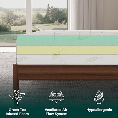 NapQueen King Size Mattress, 10 Inch Anula Green Tea Infused Memory Foam Mattress, King Size Mattress Bed in a Box, CertiPUR-US Certified Mattress