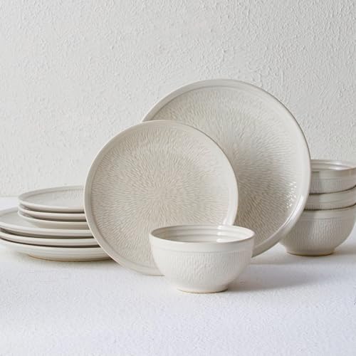 Pokini Ceramic Dinnerware Sets, Beige Relief Plates and Bowls Sets, 12 Pieces Stoneware Dinnerware Set Service for 4, Vintage Look Kitchen Dish Set, Handmade Highly Chip and Crack Resistant Dishes