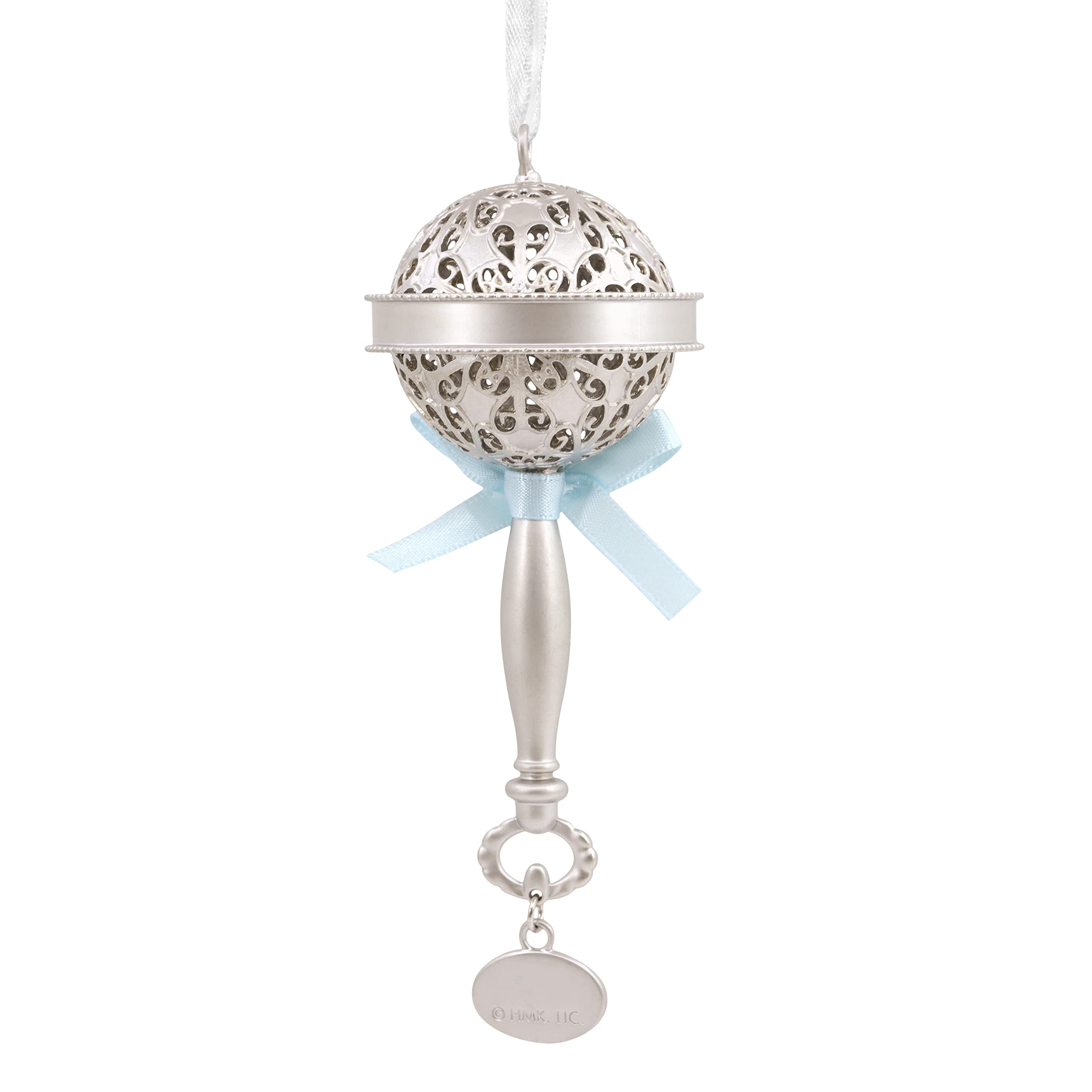 Hallmark Baby's First Christmas Silver Baby Rattle with Blue Ribbon 2023 Christmas Ornament, Premium Metal