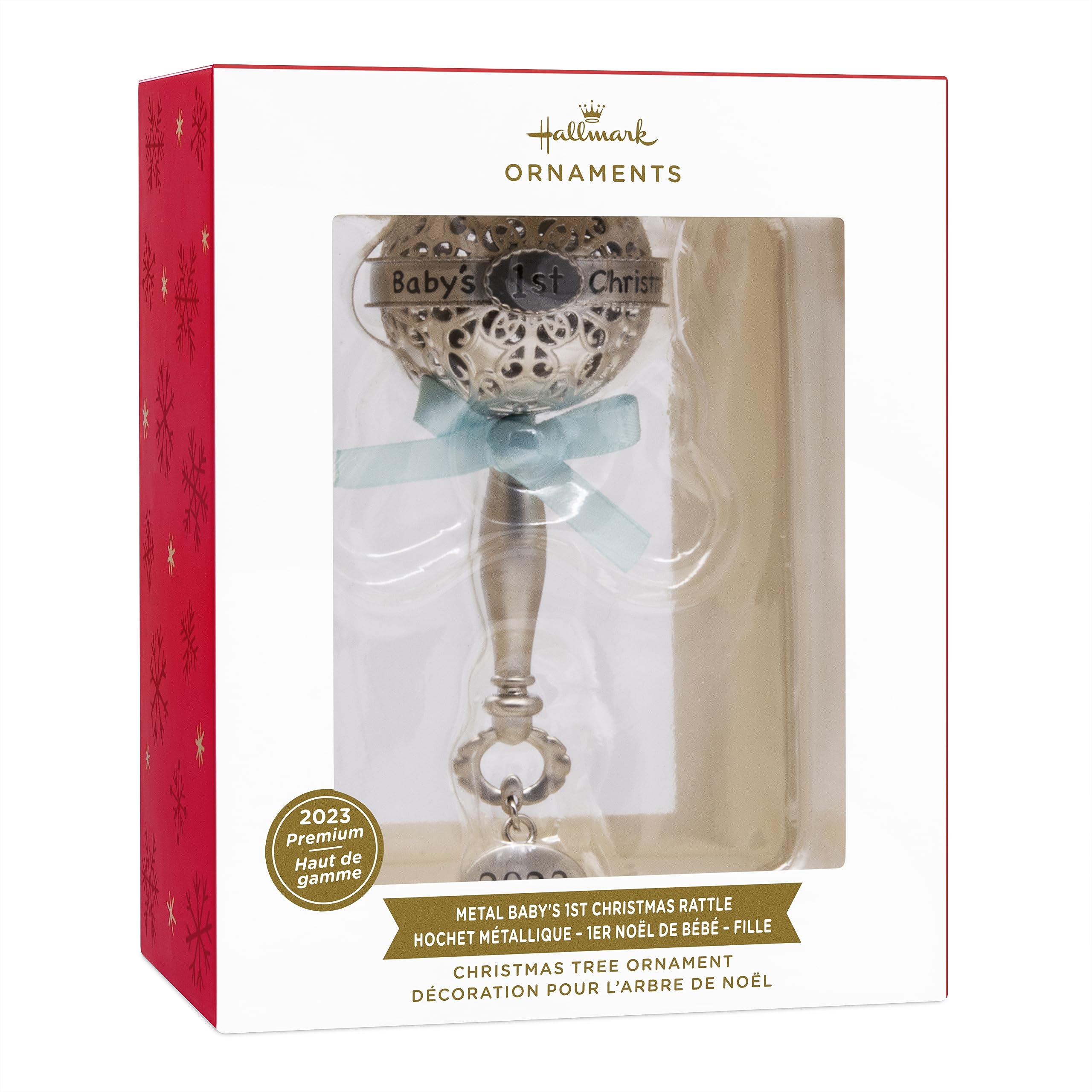 Hallmark Baby's First Christmas Silver Baby Rattle with Blue Ribbon 2023 Christmas Ornament, Premium Metal