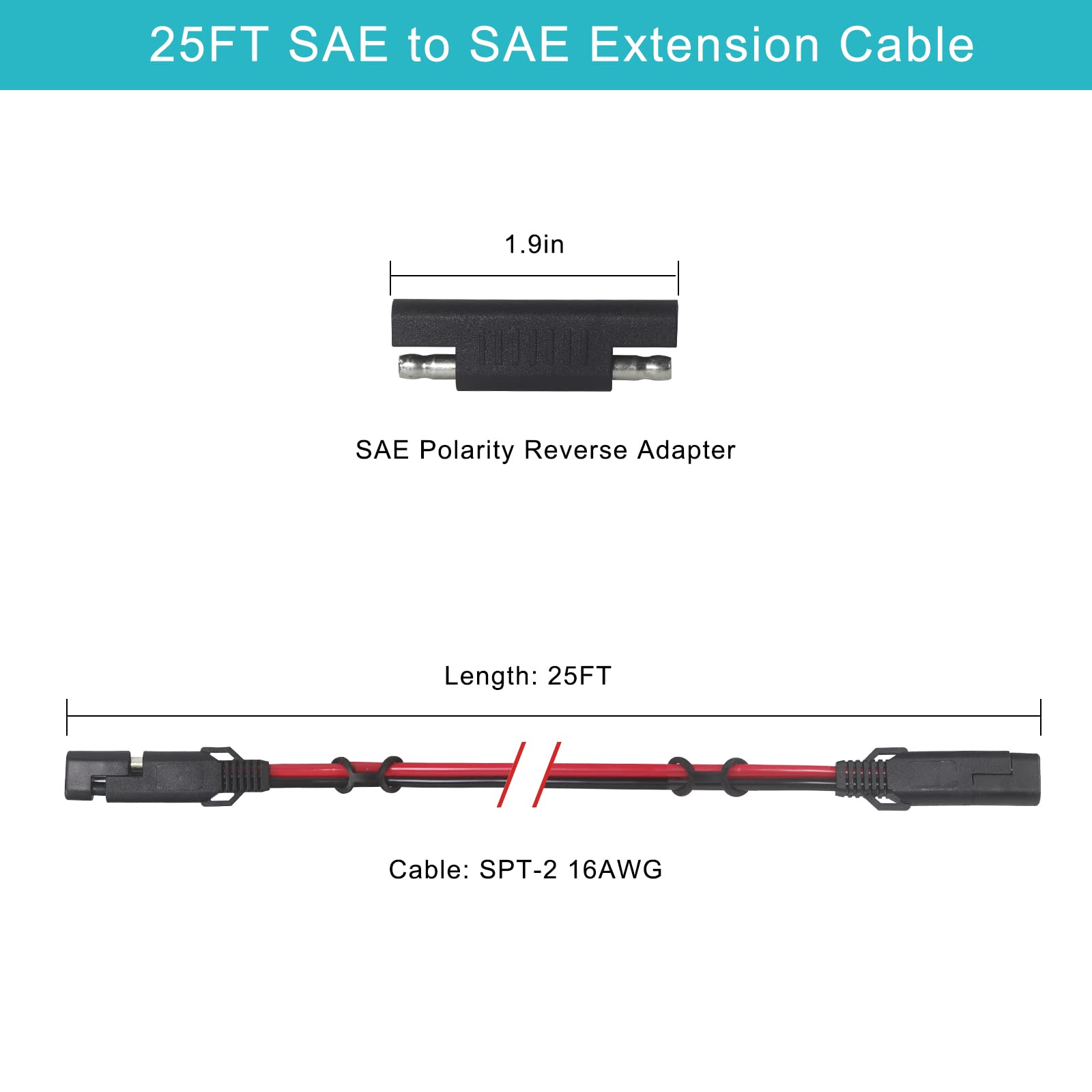 SAE to SAE Extension Cable 16AWG - 25FT SAE Cable Battery Charger Extension Cord Heavy Duty 16AWG Quick Disconnect SAE 2Pin Connector with SAE Polarity Reverse Adapter for Solar Panel Trickle Charger
