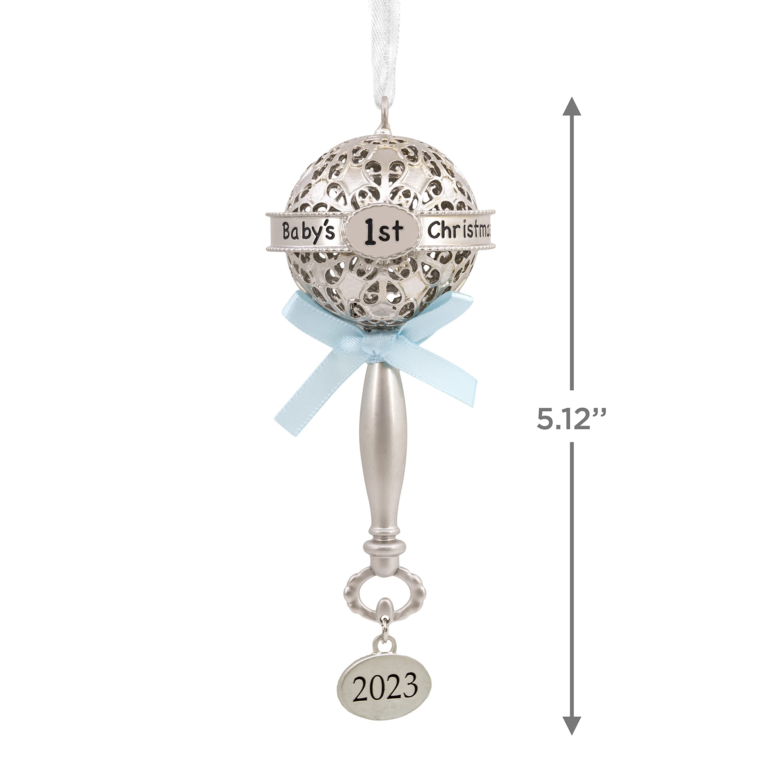 Hallmark Baby's First Christmas Silver Baby Rattle with Blue Ribbon 2023 Christmas Ornament, Premium Metal
