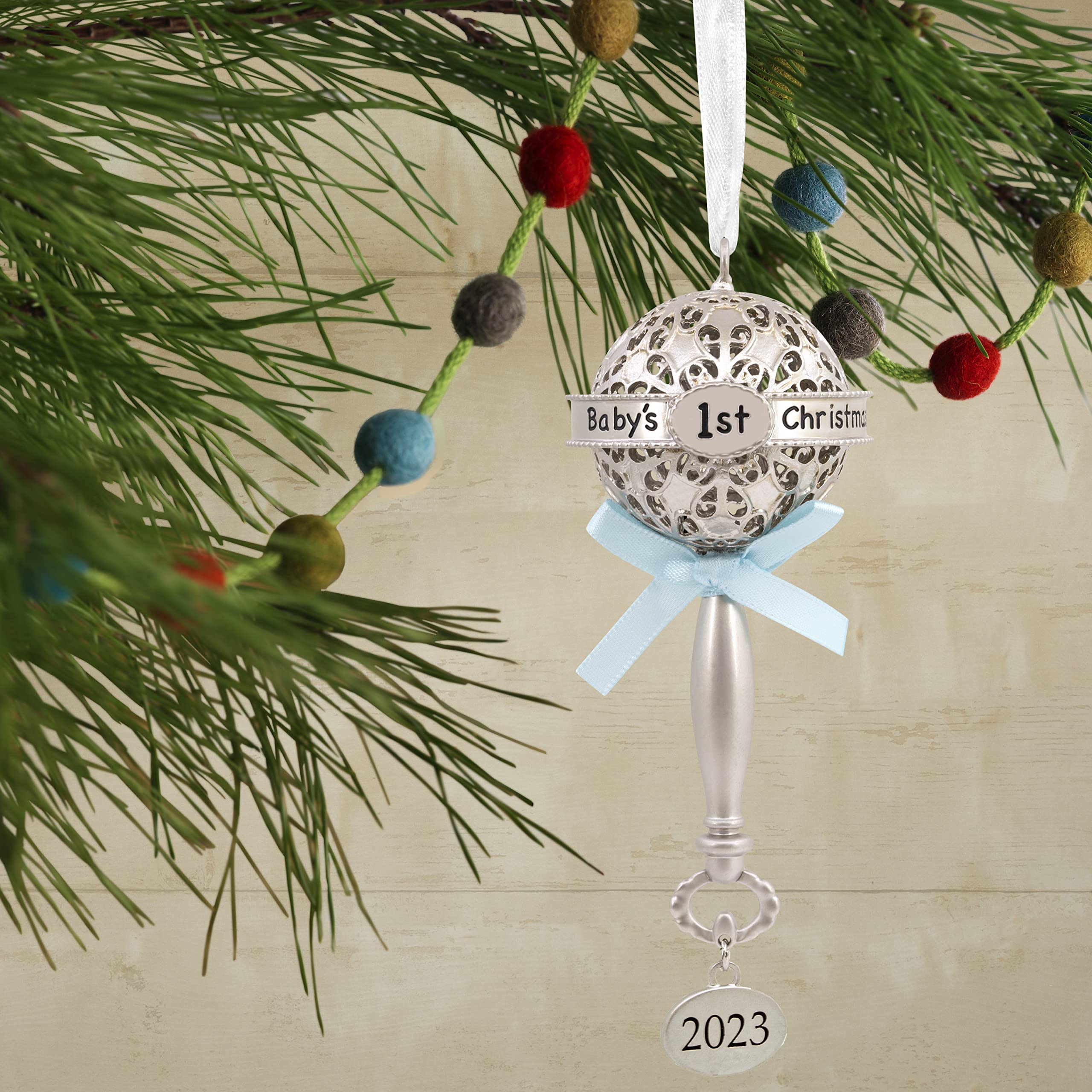 Hallmark Baby's First Christmas Silver Baby Rattle with Blue Ribbon 2023 Christmas Ornament, Premium Metal