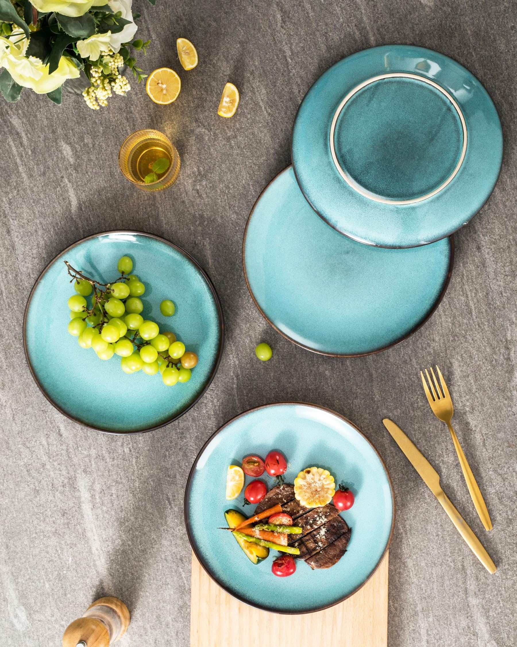 HENXFEN LEAD Dinner Plates Set of 4, Large Serving Dishes 10 Inch for Steak, Salad, Pasta - Stoneware Dinnerware Sets Dishwasher, Microwave, Oven Safe, Aqua