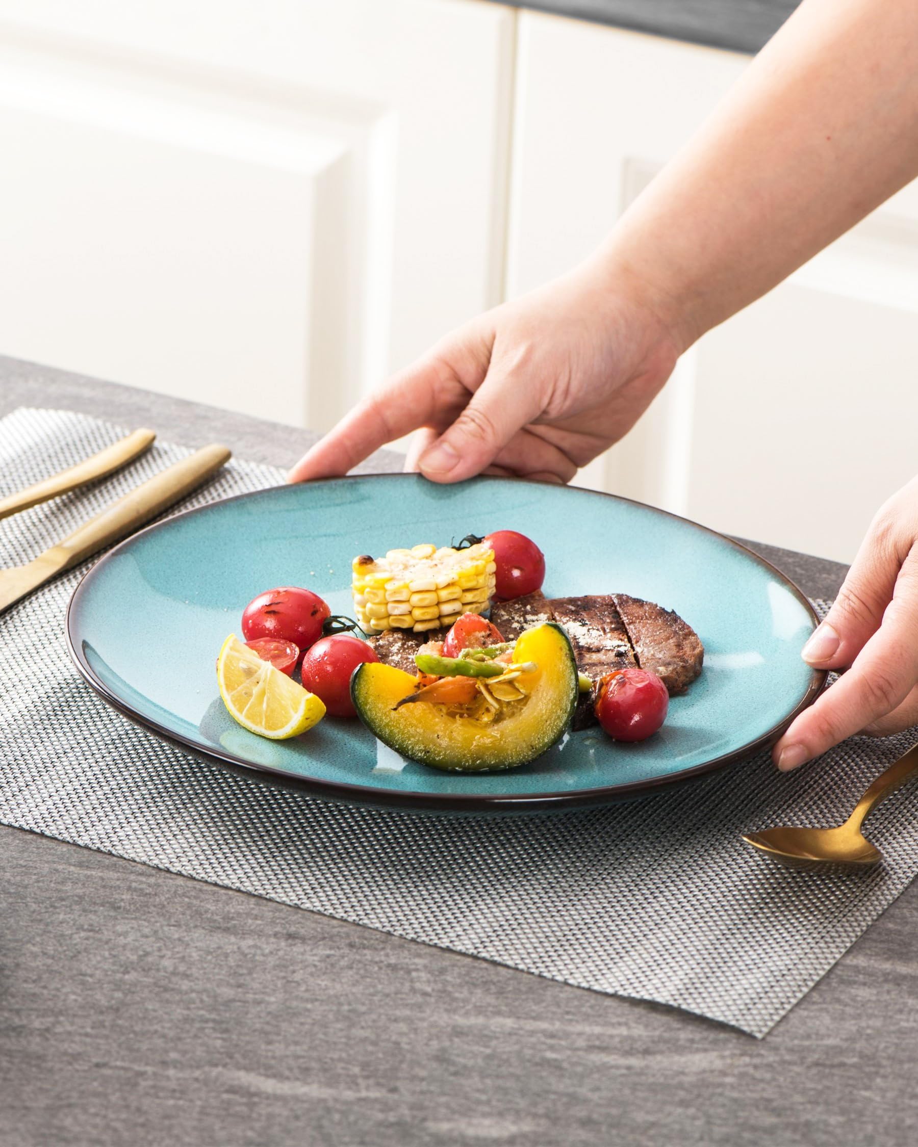 HENXFEN LEAD Dinner Plates Set of 4, Large Serving Dishes 10 Inch for Steak, Salad, Pasta - Stoneware Dinnerware Sets Dishwasher, Microwave, Oven Safe, Aqua