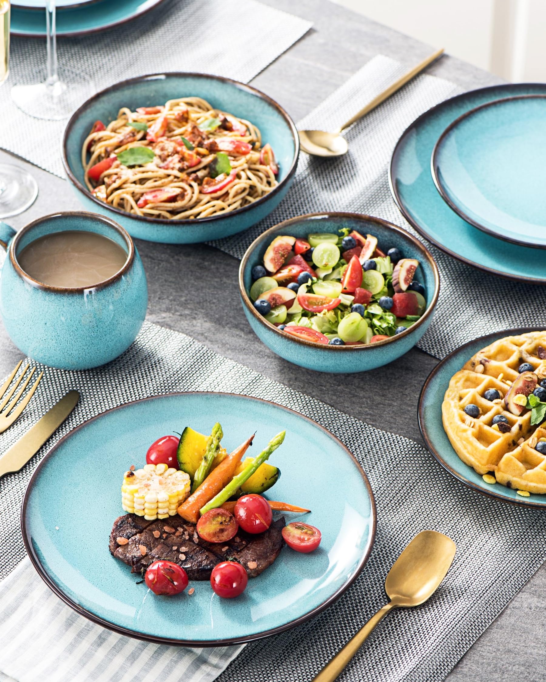 HENXFEN LEAD Dinner Plates Set of 4, Large Serving Dishes 10 Inch for Steak, Salad, Pasta - Stoneware Dinnerware Sets Dishwasher, Microwave, Oven Safe, Aqua