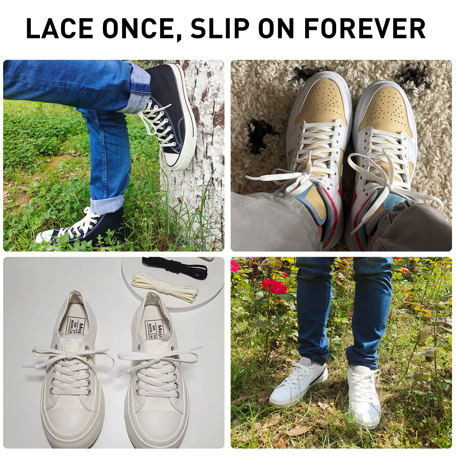UamGlsob 2 Pairs 5/16" Flat Elastic Shoe Lace, 27"-72" Length Stretch Shoelaces Strings Replacement for Nike Blazer High Top Sneakers (New White, 54''/140cm)