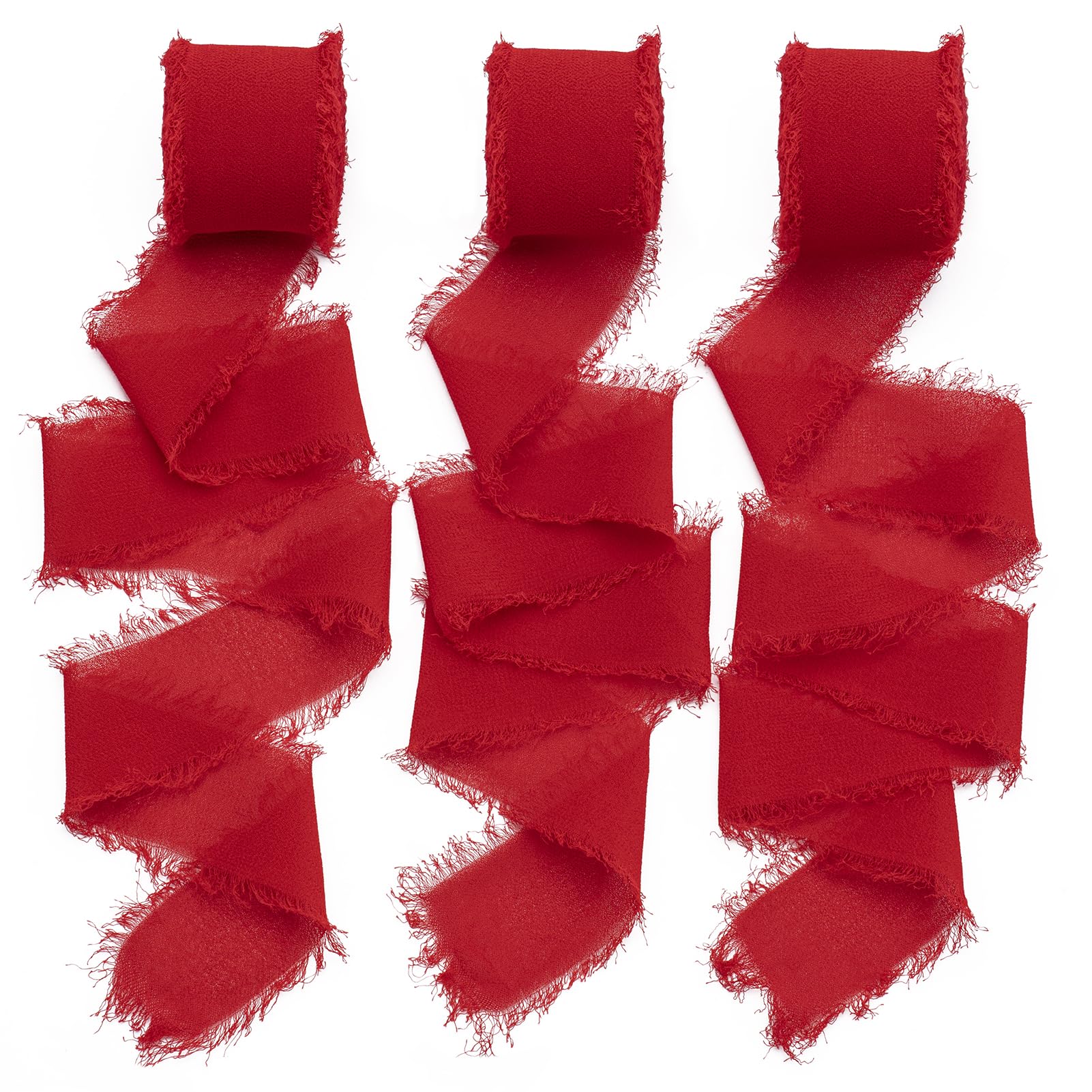 Chiffon Ribbon, 3 Rolls 21 Yards Red Handmade Fringe Chiffon Silk Ribbon 1.5" x 7Yd Ribbons Set for Wedding Invitations,Christmas, Bridal Bouquets, Gifts Wrapping, DIY Crafts