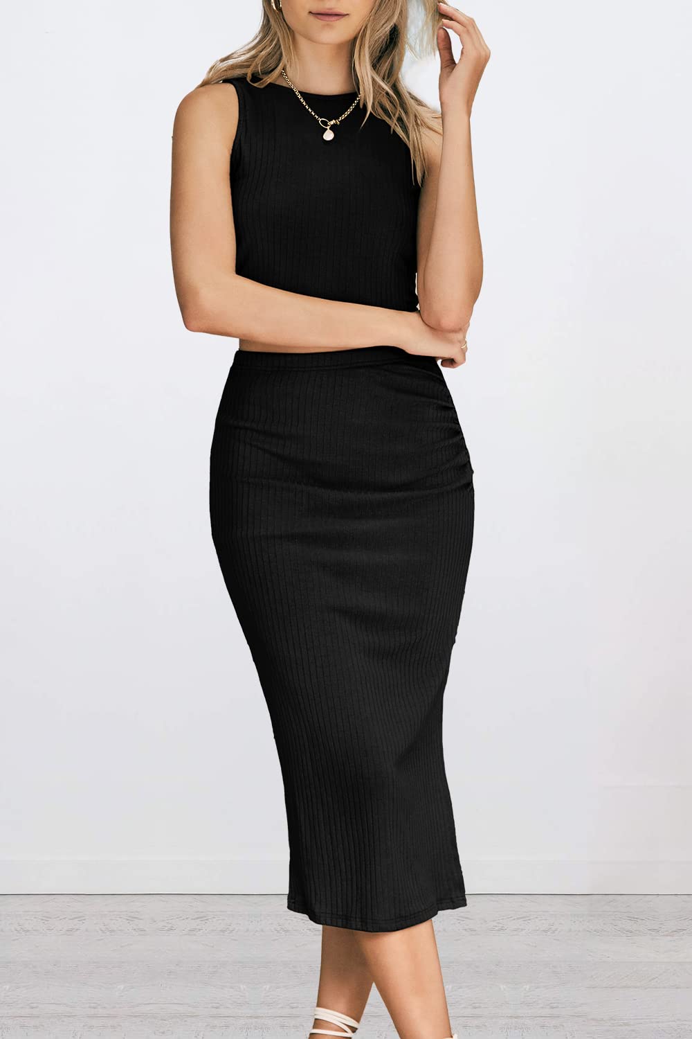 PRETTYGARDEN Women's 2 Piece Summer Outfits Crewneck Tank Tops Split Bodycon Midi Skirt Set (Black,Small)