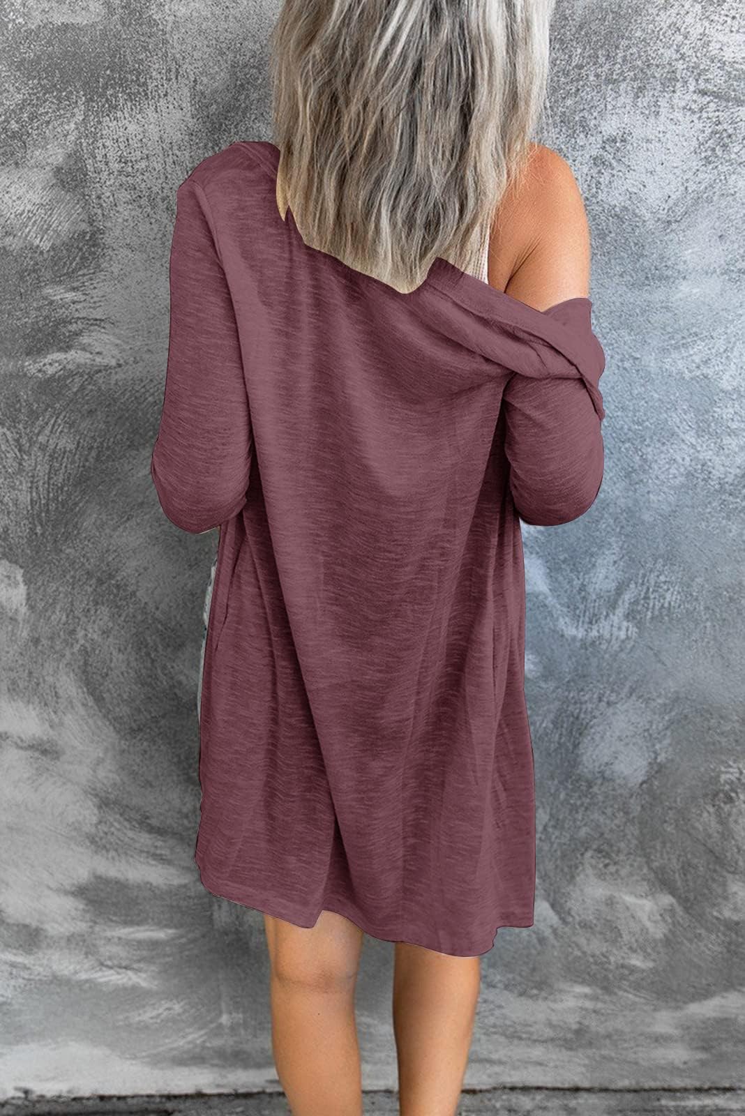 MEROKEETY Women's Open Front Lightweight Cardigan Long Sleeve Button Down Loose Outwear, Maroon, M