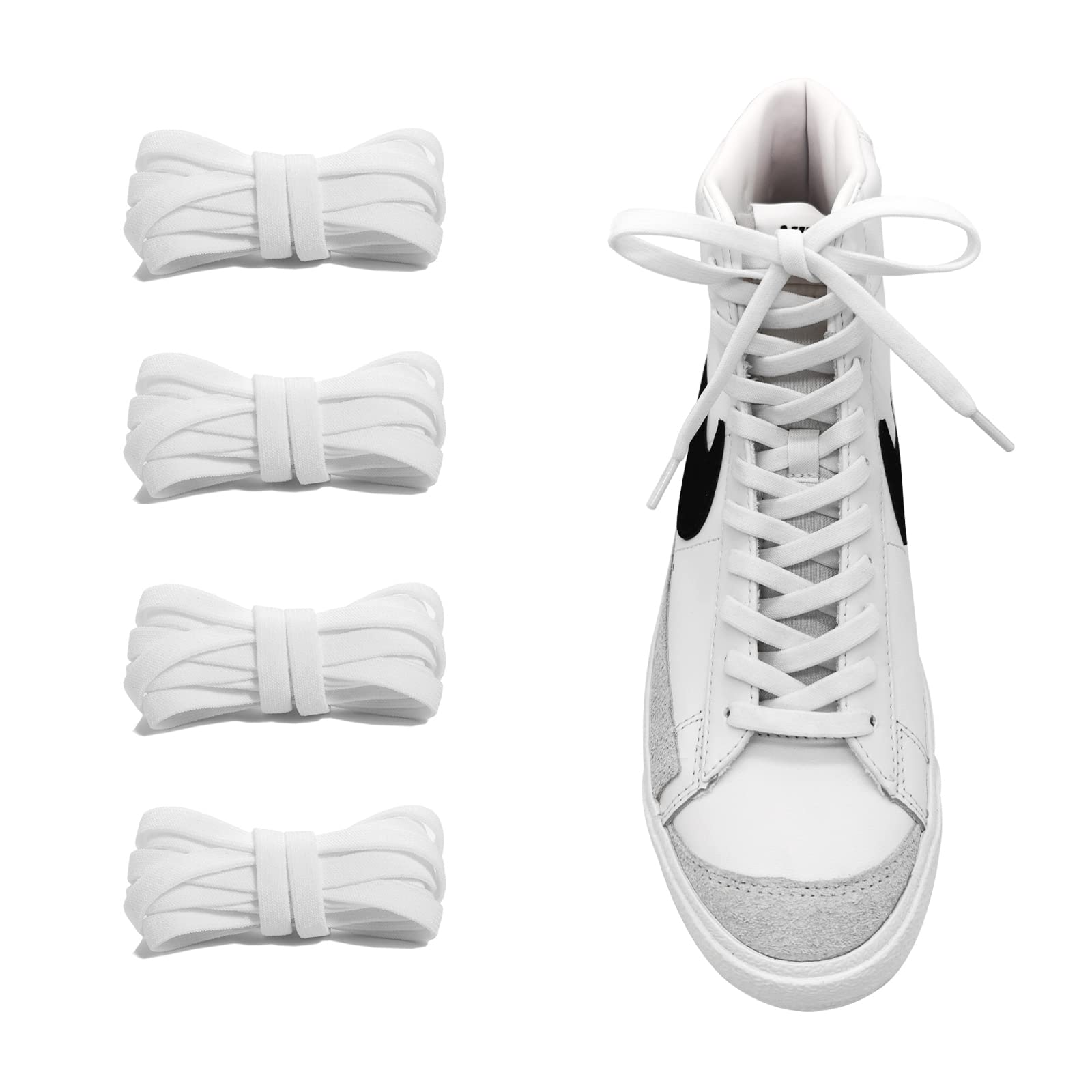 UamGlsob 2 Pairs 5/16" Flat Elastic Shoe Lace, 27"-72" Length Stretch Shoelaces Strings Replacement for Nike Blazer High Top Sneakers (New White, 54''/140cm)