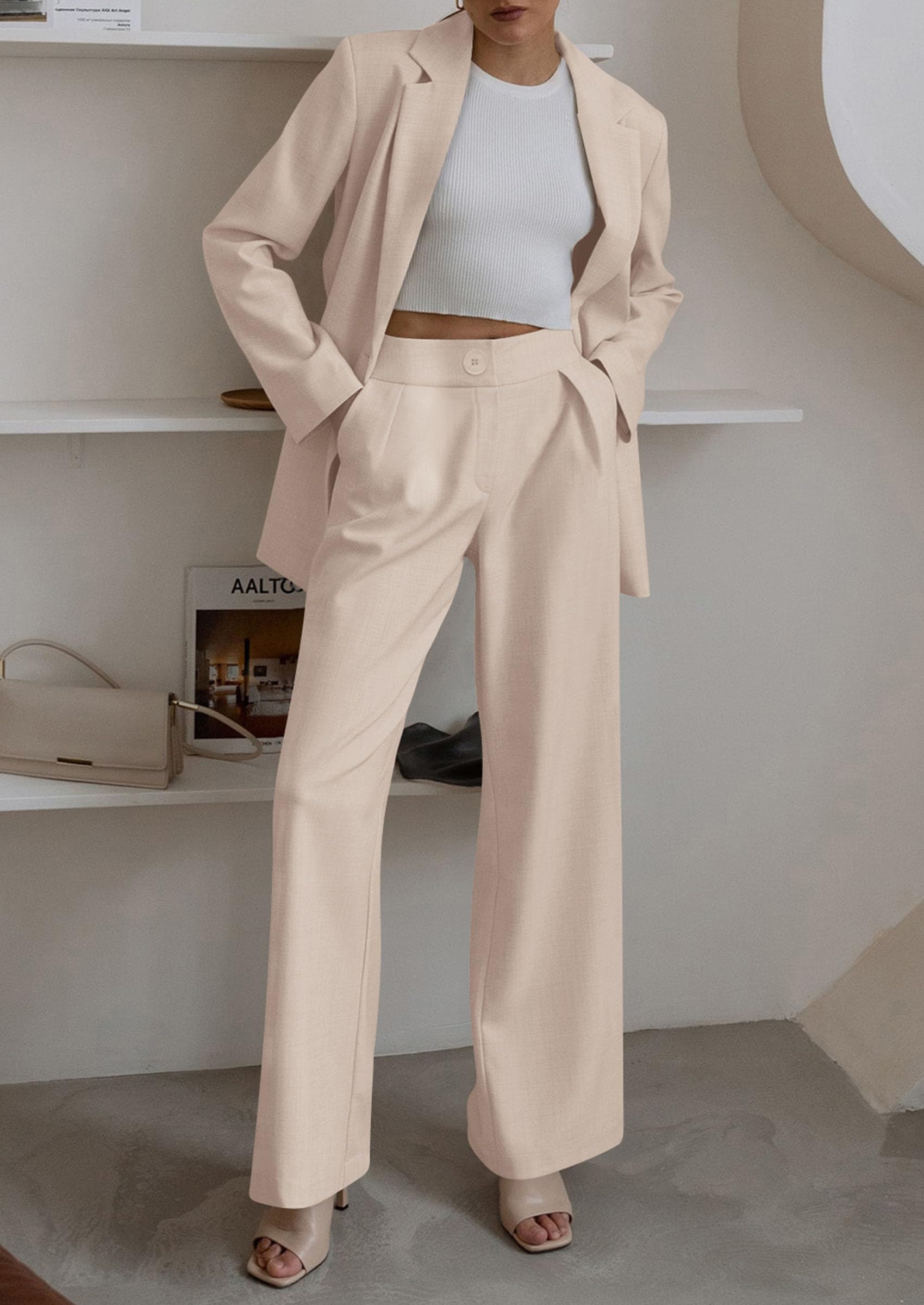 PRETTYGARDEN Women's 2024 Fall Two Piece Outfits Blazer Jacket and Wide Leg Pants Pockets Business Casual Suit Sets (Beige,Small)