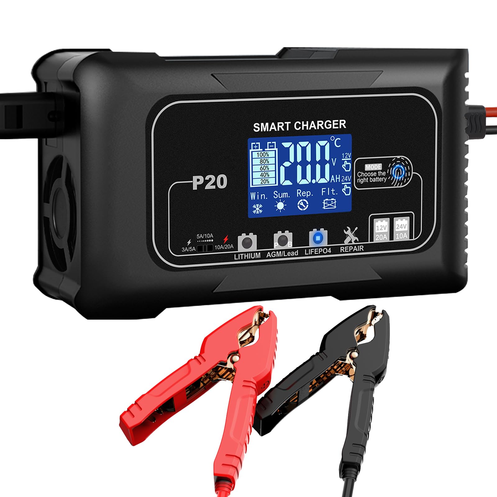20-Amp Smart Battery Charger,12V/20A and 24V/10A.Lithium,Lifepo4,Lead-Acid(AGM/Gel/SLA..) Car Battery Charger,Trickle Charger, Maintainer/Pulse Repair Charger,for Car ,Boat,Motorcycle, Lawn Mower