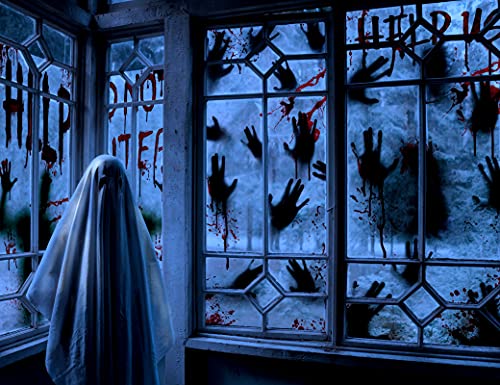 KD KIDPAR 8Pcs Halloween Window Door Decoration Covers Set, Includes 4Pcs 60x30” Window Clings&2Pcs 80x36” Door Posters with Scary Bloody Handprints&2 Fright Tape, Indoor and Outdoor Décor for Party