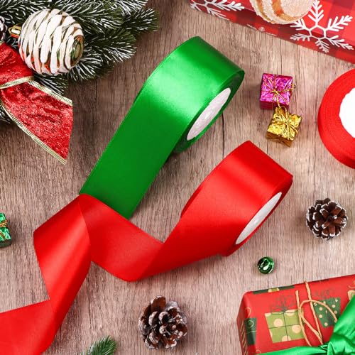 2 Rolls Christmas Ribbon 1 Inch X 50 Yards Red and Green Satin Ribbon Double Faced Polyester Holiday Ribbons for Gift Wrapping Wedding Decor