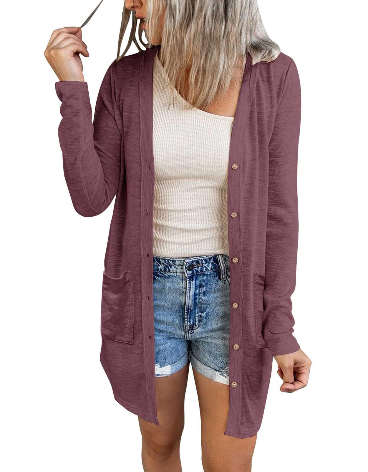 MEROKEETY Women's Open Front Lightweight Cardigan Long Sleeve Button Down Loose Outwear, Maroon, M