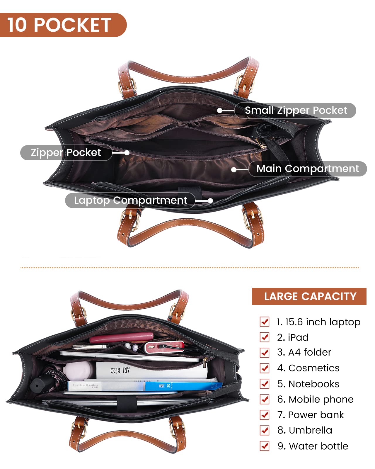 LOVEVOOK Laptop Tote Bag for Women, 15.6 inch Computer Tote Work Bag Purse, Large Waterproof Leather Professional Briefcase for Office, Work Travel