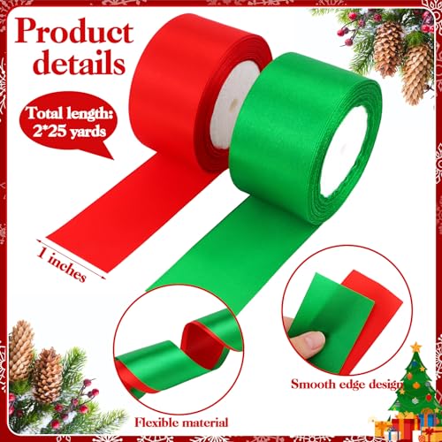 2 Rolls Christmas Ribbon 1 Inch X 50 Yards Red and Green Satin Ribbon Double Faced Polyester Holiday Ribbons for Gift Wrapping Wedding Decor