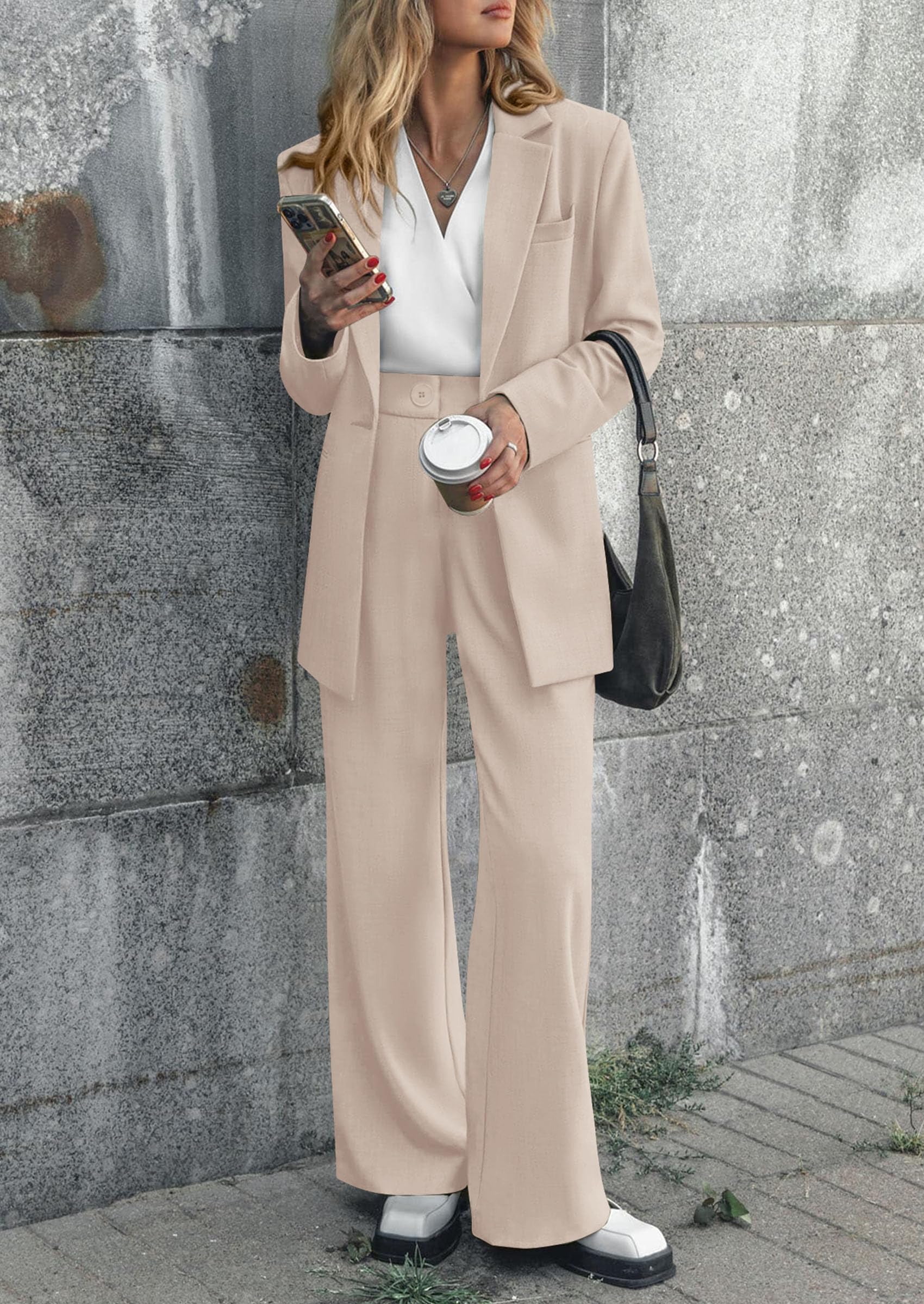 PRETTYGARDEN Women's 2024 Fall Two Piece Outfits Blazer Jacket and Wide Leg Pants Pockets Business Casual Suit Sets (Beige,Small)