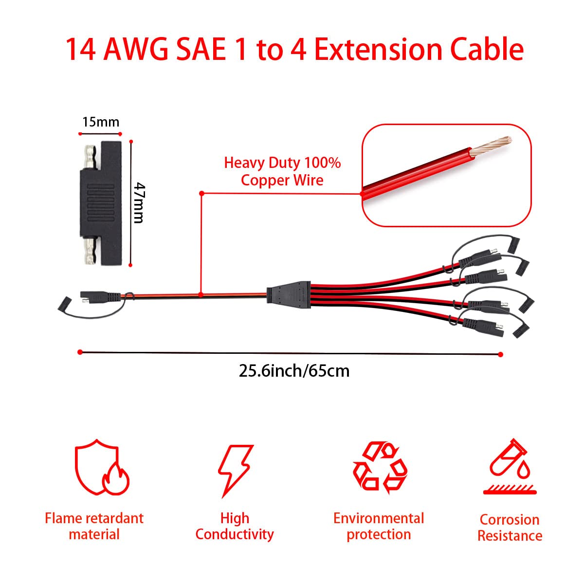 Billion wealth 14 AWG SAE Connector Splitter 2FT Y Splitter 1 to 4 SAE Extension Cable Brass DC Power Automotive Adapter Quick Disconnect Connector Compatible with Solar Connection and Transfer