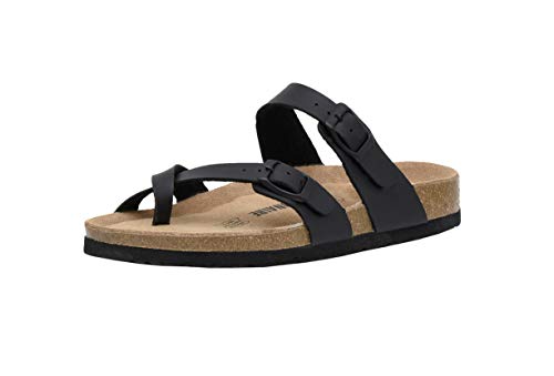 CUSHIONAIRE Luna Cork Footbed Women's Sandals - Comfortable Slip-On Slides with Adjustable Straps & Memory Foam for All-Day Wear | Beach Essential Summer Sandals for Women 2025, BLACK 9