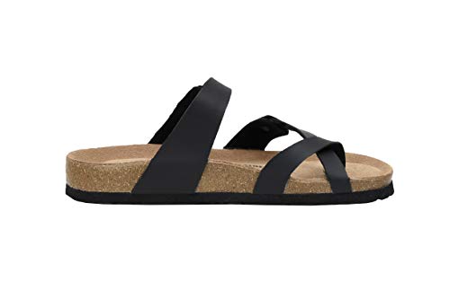 CUSHIONAIRE Luna Cork Footbed Women's Sandals - Comfortable Slip-On Slides with Adjustable Straps & Memory Foam for All-Day Wear | Beach Essential Summer Sandals for Women 2025, BLACK 9